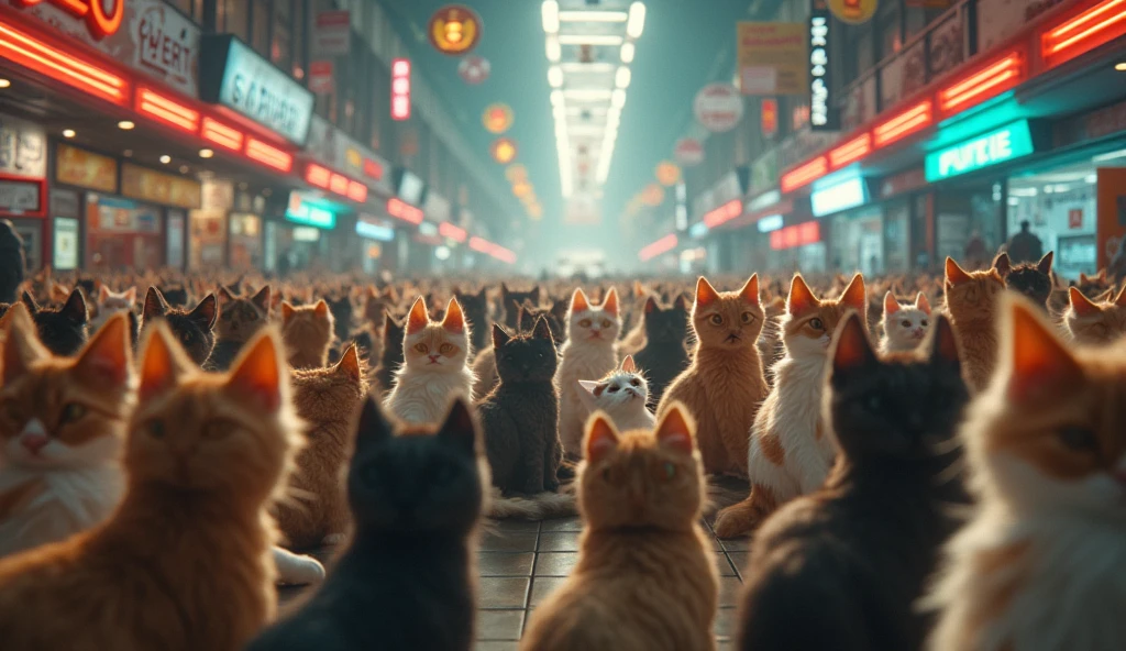 A game center overrun by countless cats, a masterpiece, detailed cats ...