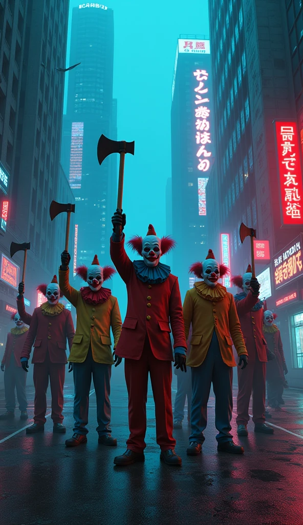 Seven clowns wearing masks and holding axes in a city with blue and red ...