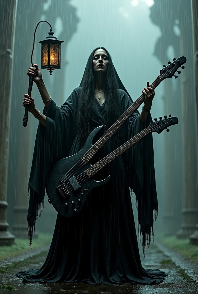 FOUR-ARMED WITCH, FUSED TO THE BODY OF THIS WITCH IS A TWO-NECK GUITAR ...