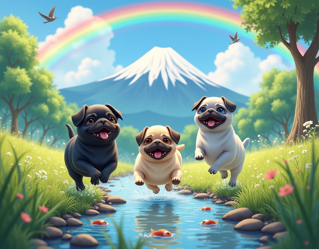 Cute three pugs, one black pug, one fawn pug, one silver pug - SeaArt AI