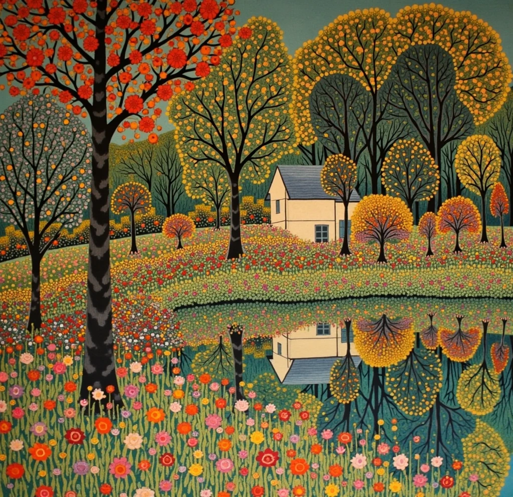 Gustav Klimt style painting、Lake and house landscape、Highly detailed ...