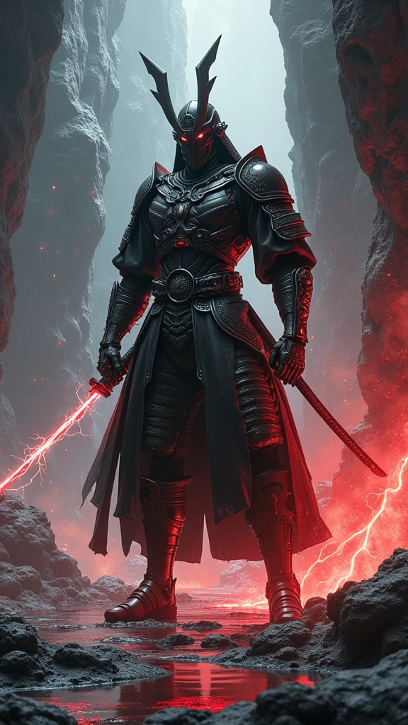 Create an image with a cyborg samurai with shadow aspects holding a ...