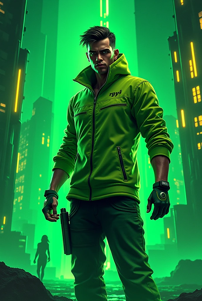 Create a 16x9 wallpaper with male free fire avatar design in neon green ...