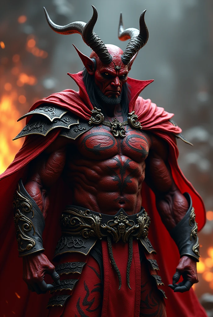 Close up of'Male'Demonic appearance with horns and a red cape - SeaArt AI