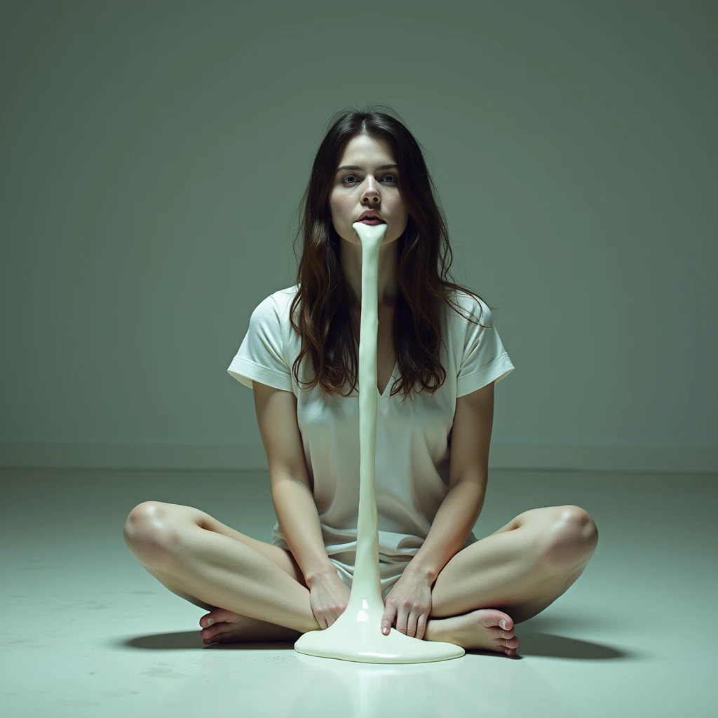 A woman spitting out white mucus from her mouth,Sitting on the floor ...