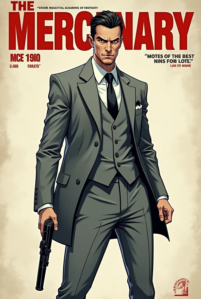 Create a comic book style cover that says The Mercenary and is of a ...
