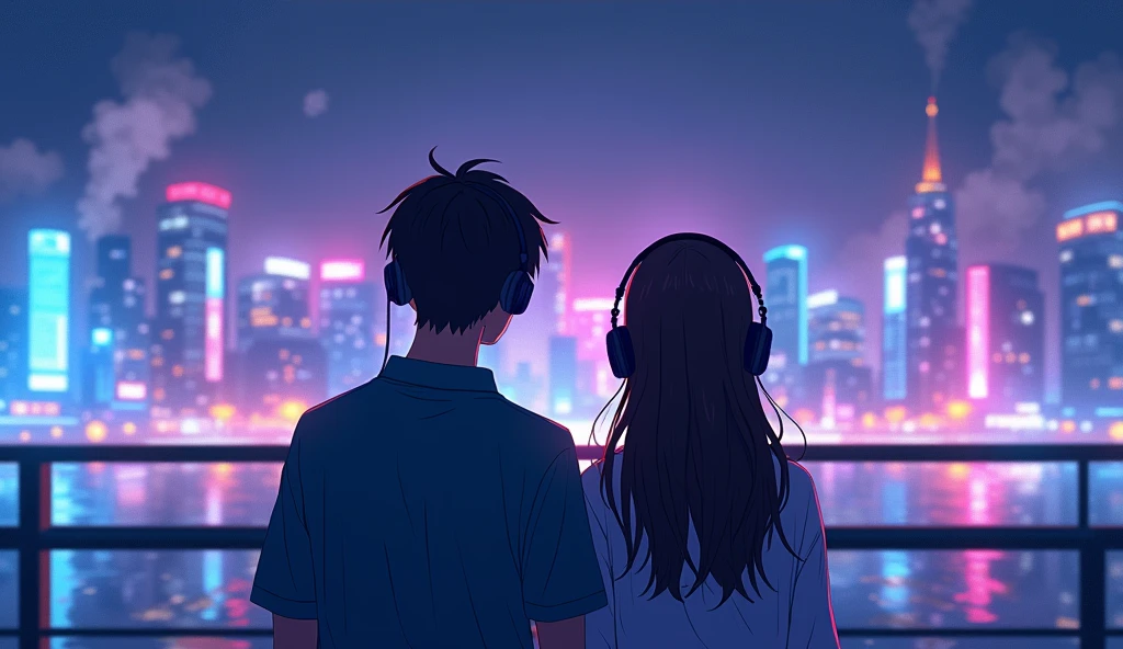 Lofi banner with back view anime couples music enjoy in neon lights ...
