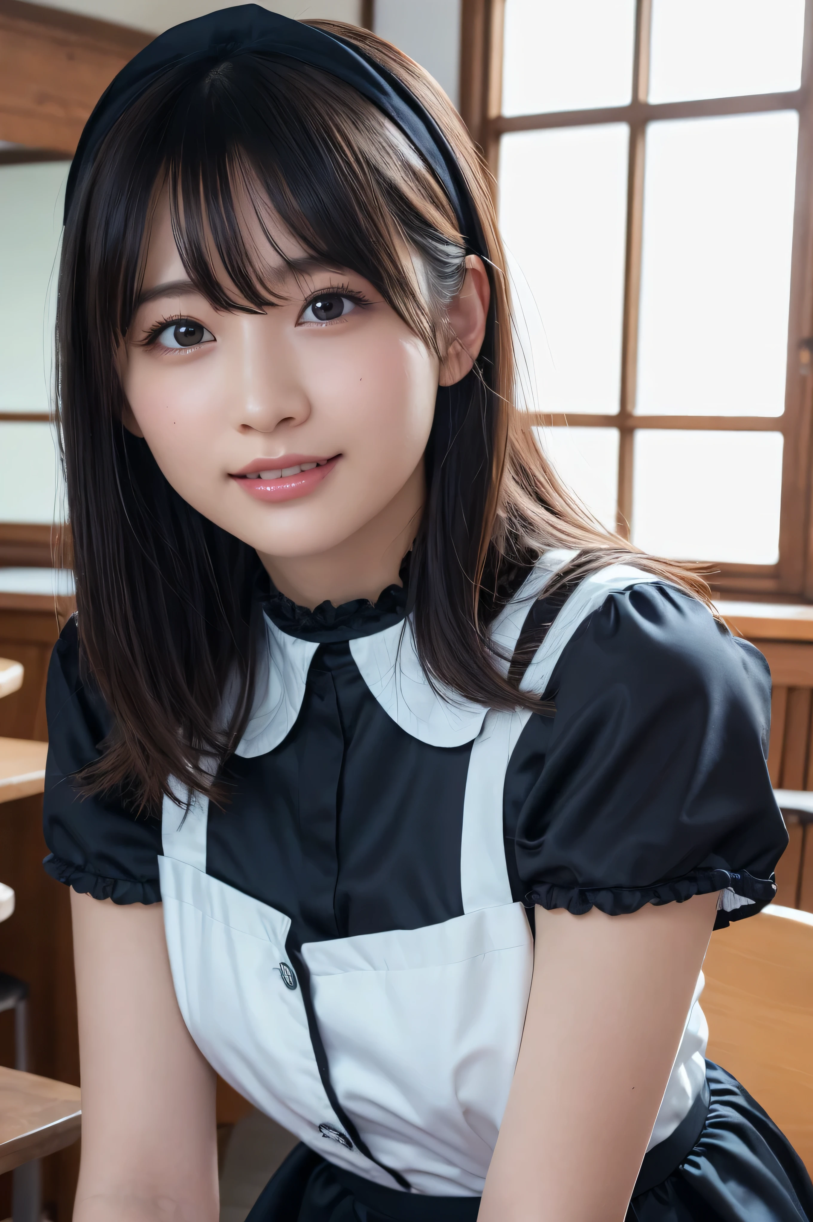 A close up of a woman in a maid outfit posing for a picture - SeaArt AI