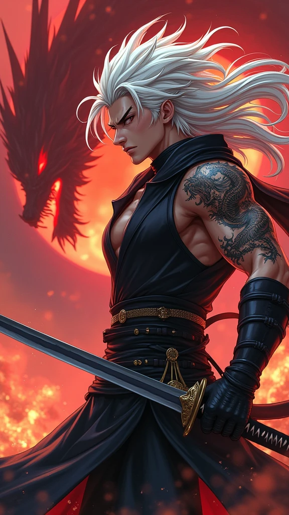 I want to crate a sword man with a katana and white hair and dragon ...