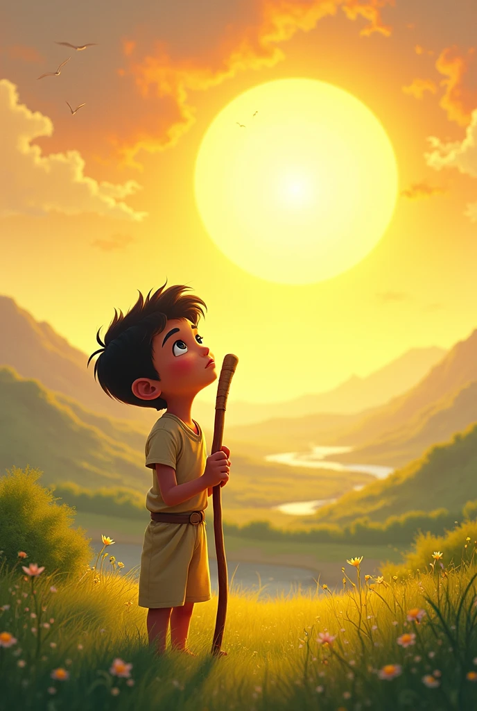 One person boy and sun and stick - SeaArt AI