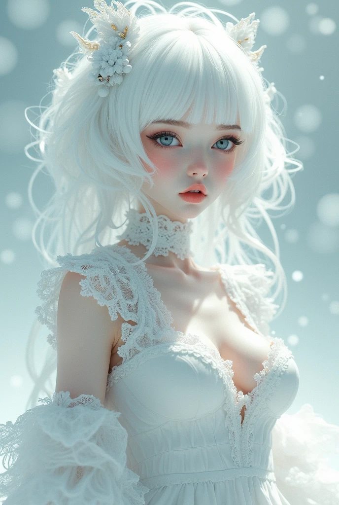 White hair, white woman, white eyes, white lace dress, ((best quality - SeaArt AI
