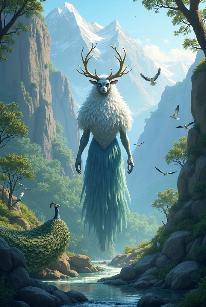 Mutwo in mountain whith nature and some birds are flying and a peacock ...