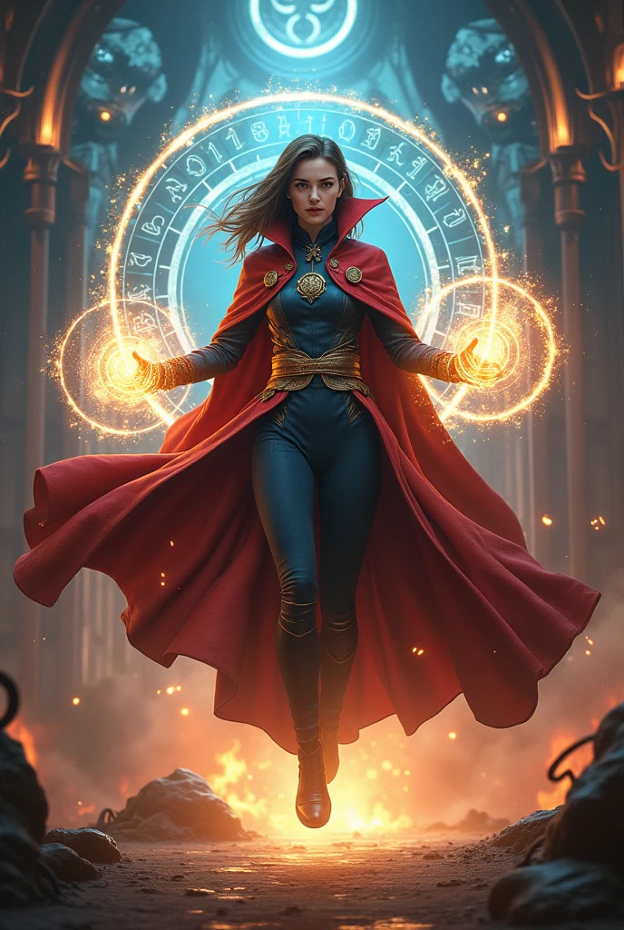 A female mage in a Dr. Strange outfit hovering in mid-air, casting a ...