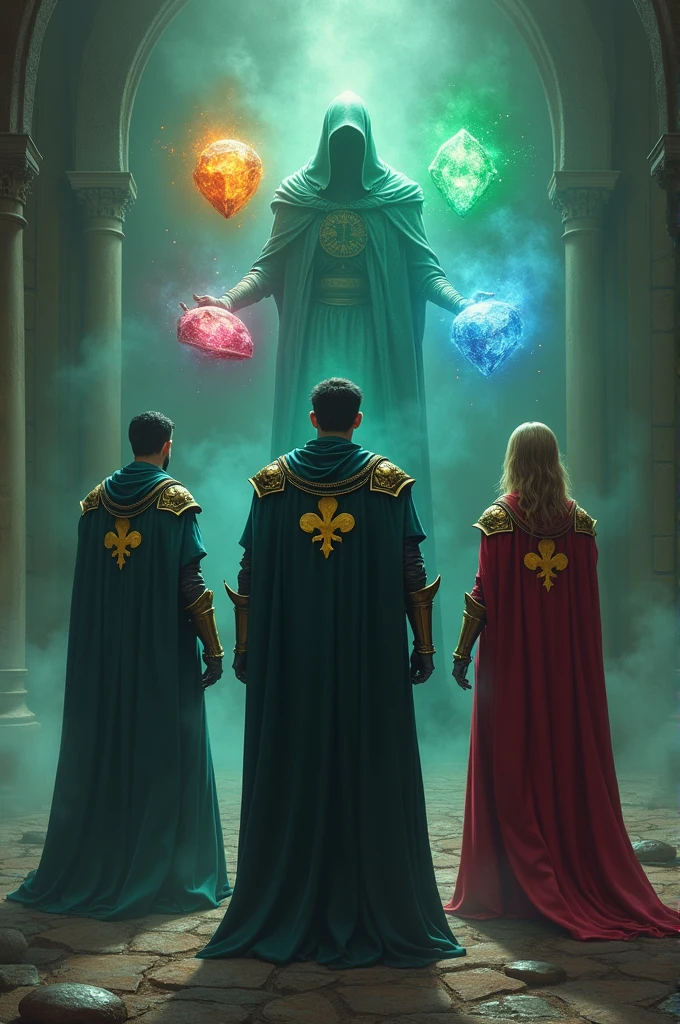 Image of 3 male and female knights each wearing robes with spade ...