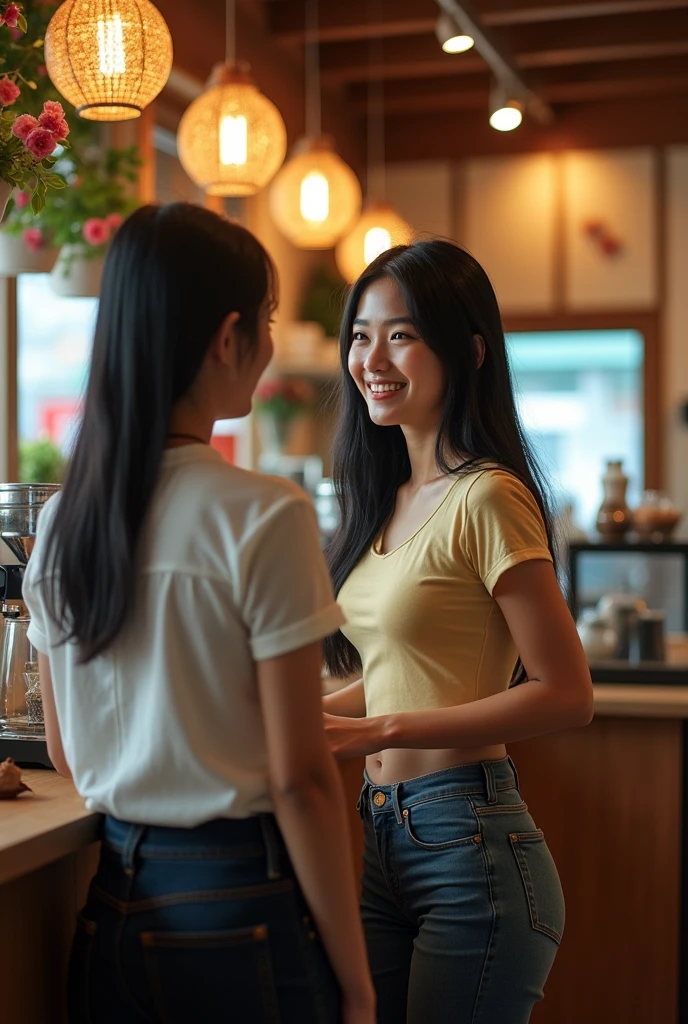 Shot with an ultra-wide-angle lens。 In the coffee shop、A 4 female sales ...