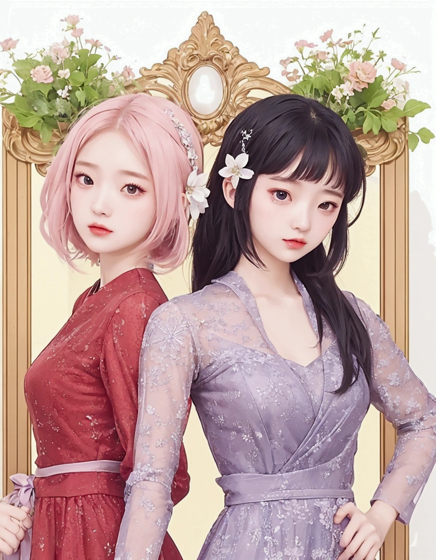 Two girls in dresses standing next to each other - SeaArt AI