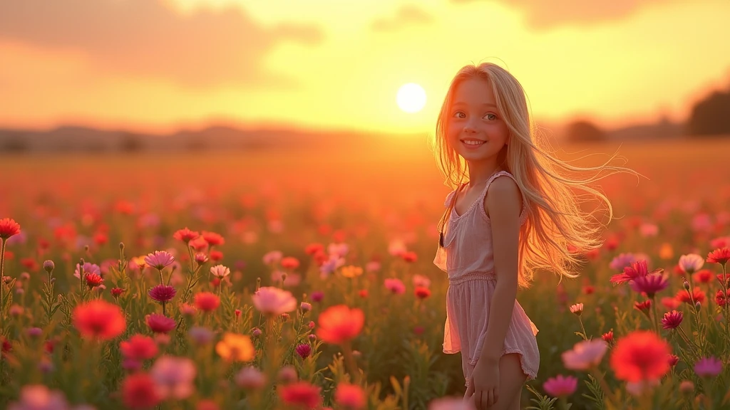 A field of flowers with a sunset in the background, field of flowers ...