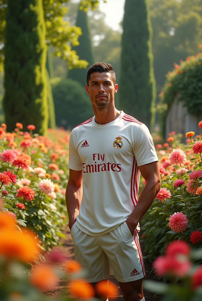 Ronaldo in a beautiful flower gurden - SeaArt AI