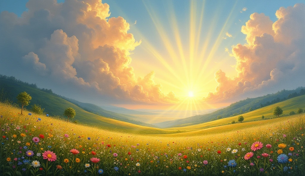Oil painting, Beautiful landscape, Sun rays between the clouds - SeaArt AI