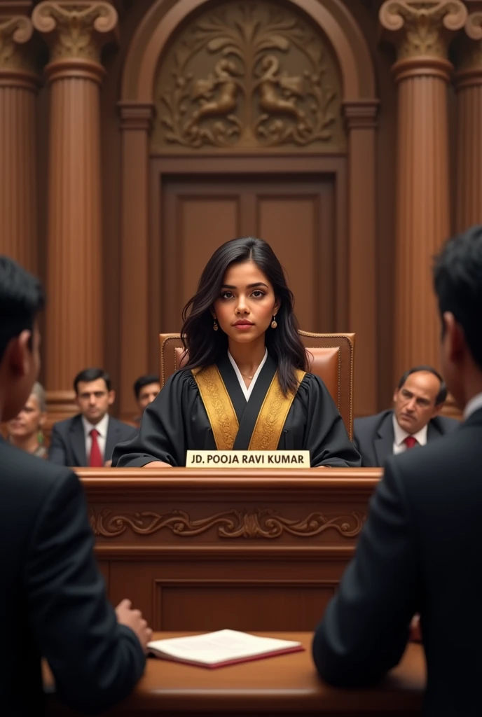 A Indian yonger judge girl on the setting on the Cort room name plate ...