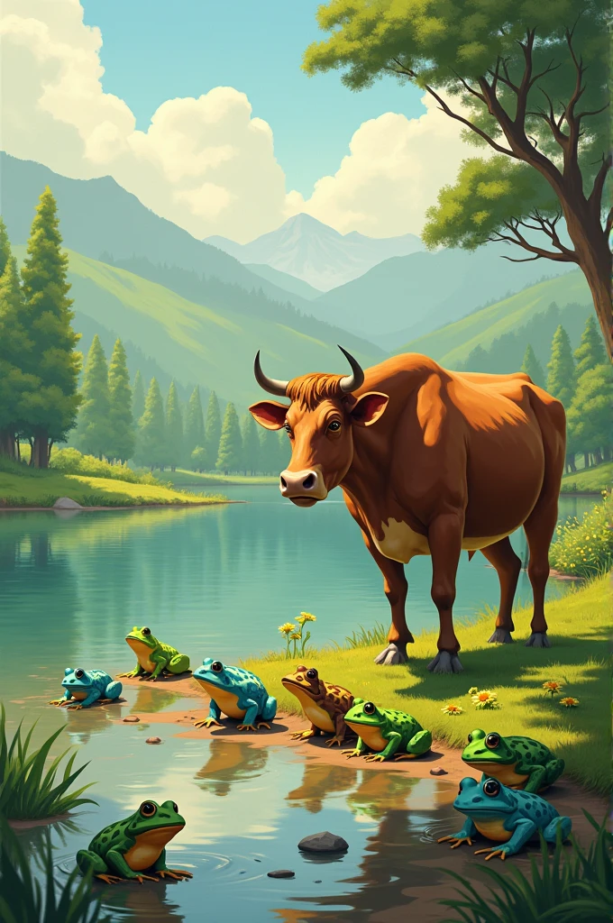 The frogs and the cow beside the lake landscape - SeaArt AI
