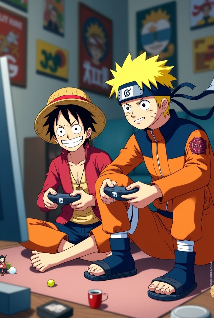 Luffy and naruto playing video games - SeaArt AI