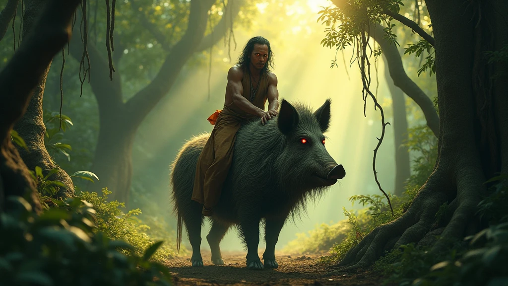 Strange red-eyed Cambodian man rides wild boar in the forest 8k - SeaArt AI