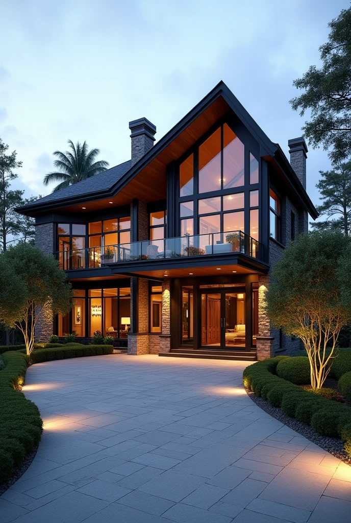 The mansion is a grand two-story structure with a distinctive slanting ...