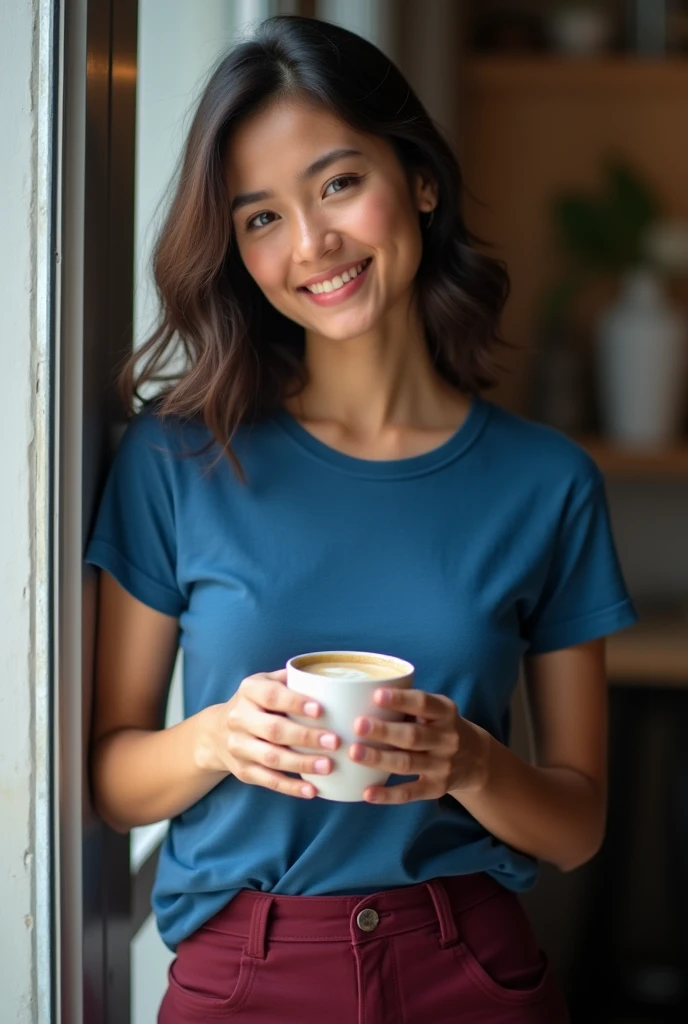 Indian Maris Racal is wearing blue colour t-shirt and dark red colour ...