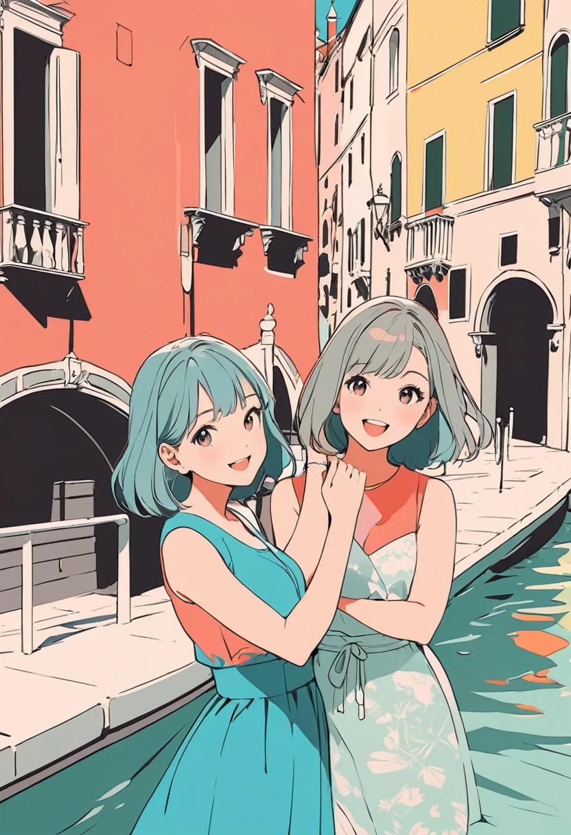 (masterpiece, best quality:1.1), popart style, flat color,(two girls ...