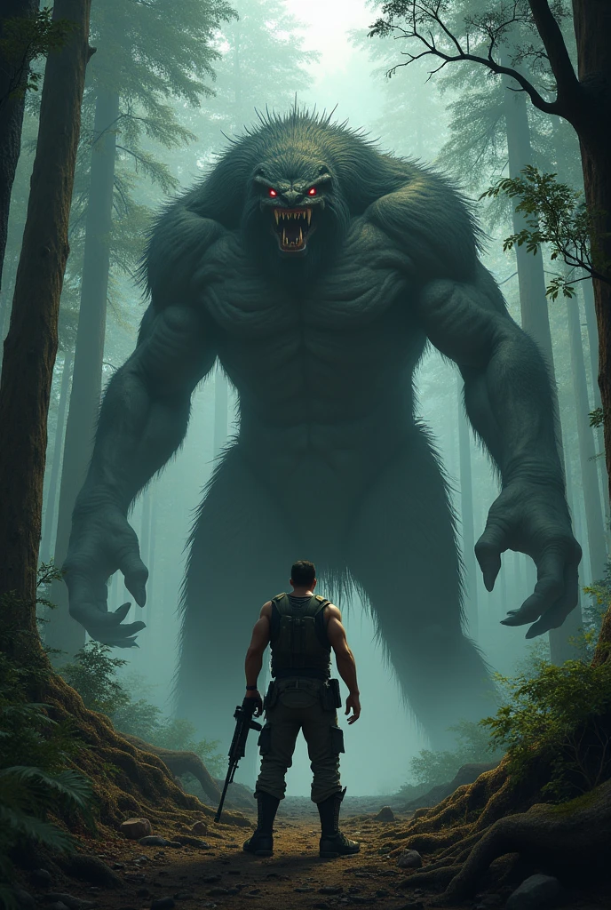 The man is in the forest. he has a gun. his in front of in the big ...