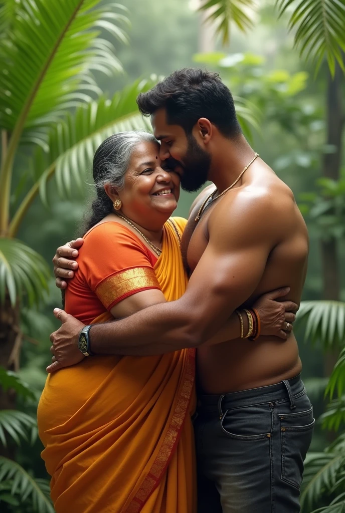 Kerala old chubby aunty hug young hot muscular body men - SeaArt AI