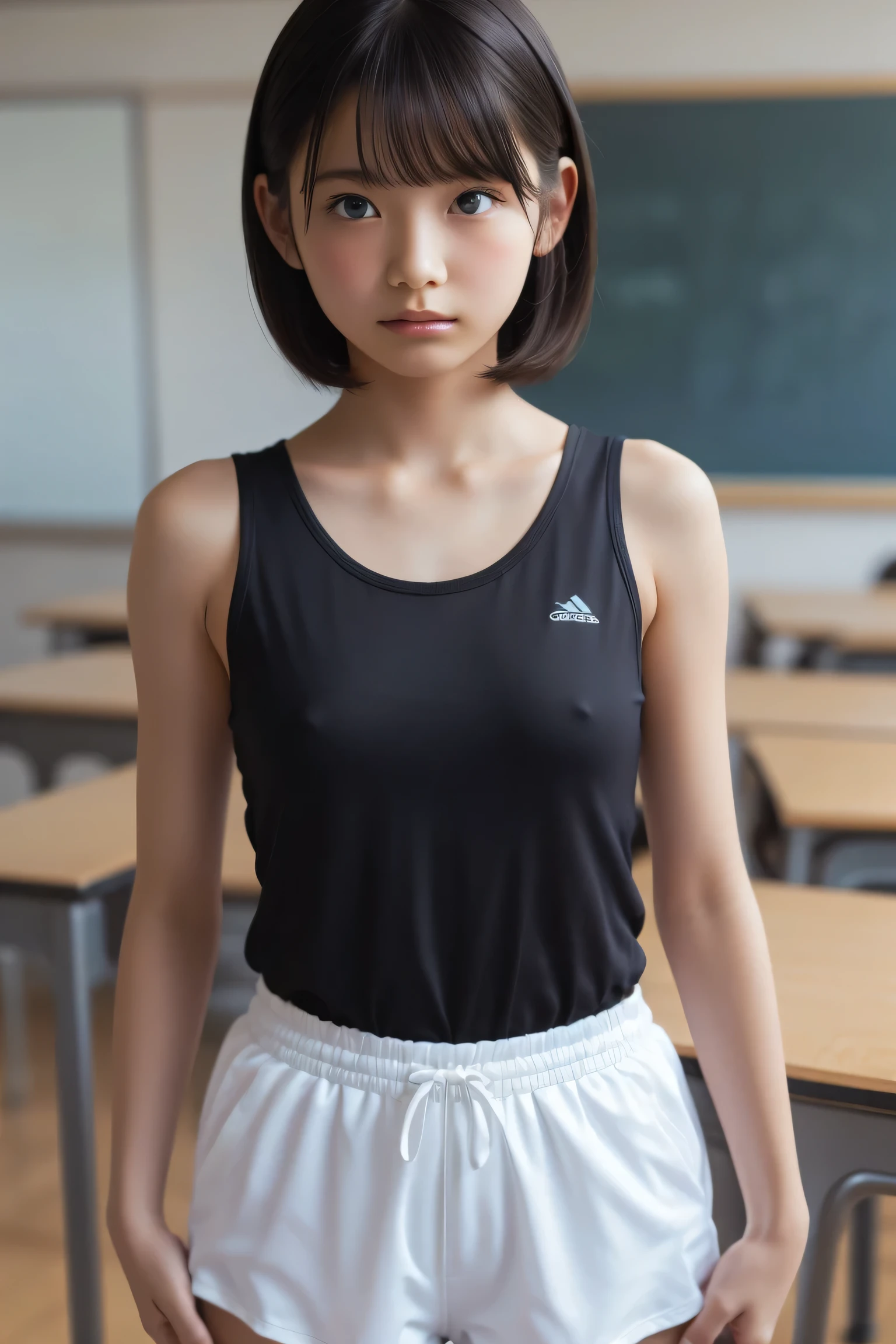 Arafed asian woman in a black top and white shorts posing in a classroom - SeaArt AI
