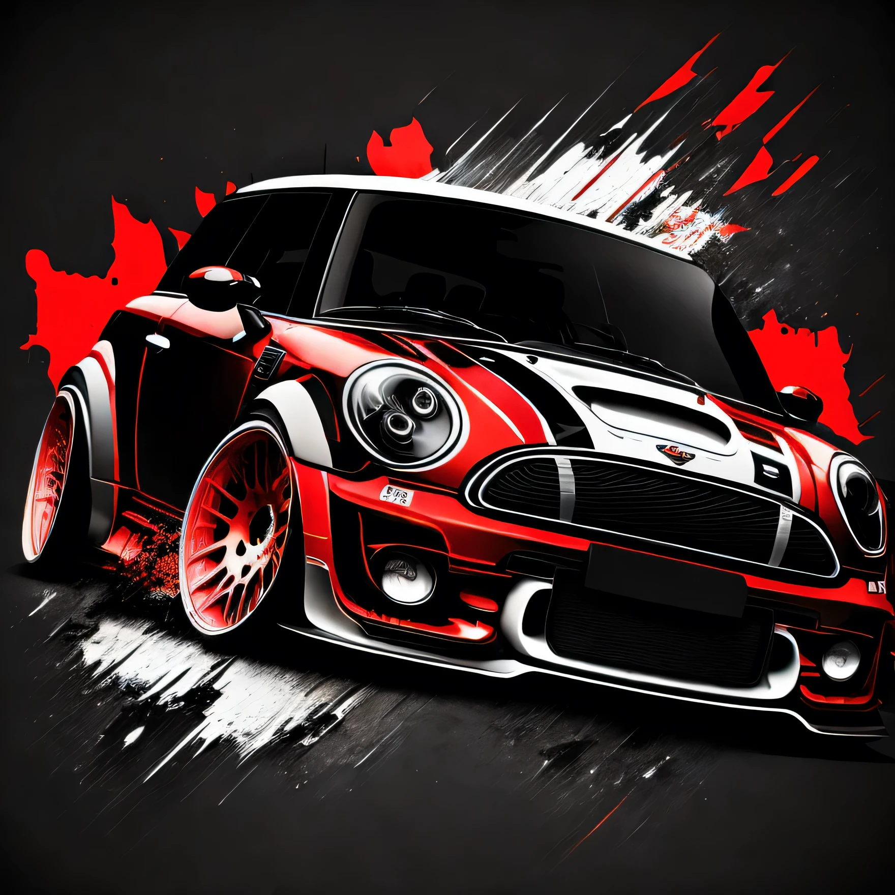 A red and white mini cooper on a black background - SeaArt AI