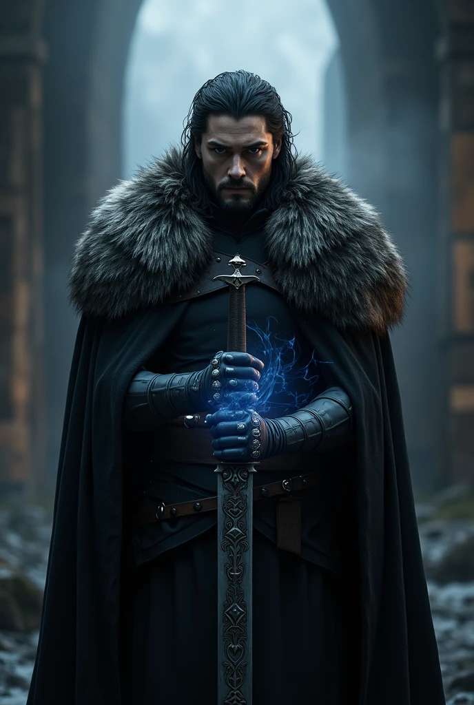 Picture of Jon snow from game of thrones. He is holding a sword - SeaArt AI