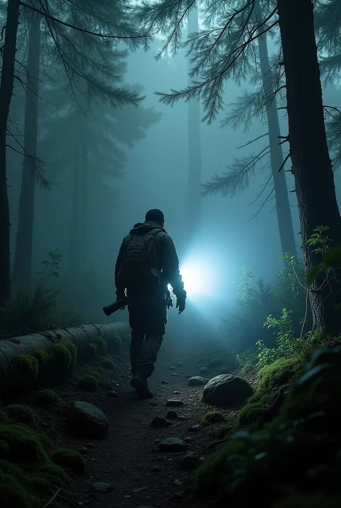 A hunter in a dark, misty forest, holding a flashlight, dramatic ...