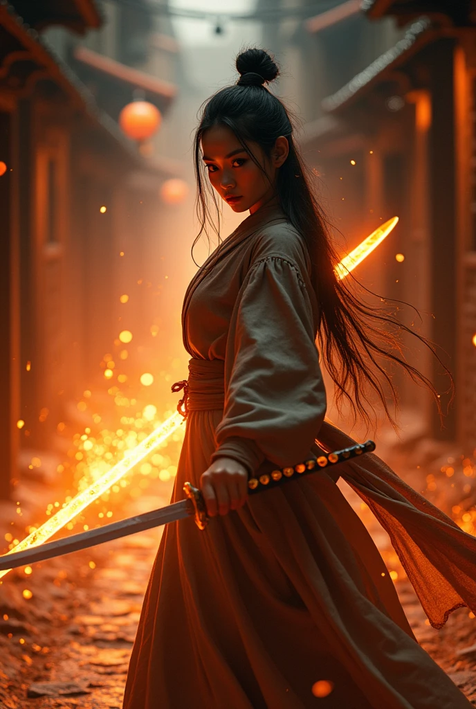 A beautiful Asian female magic swordswoman with orange effects ...