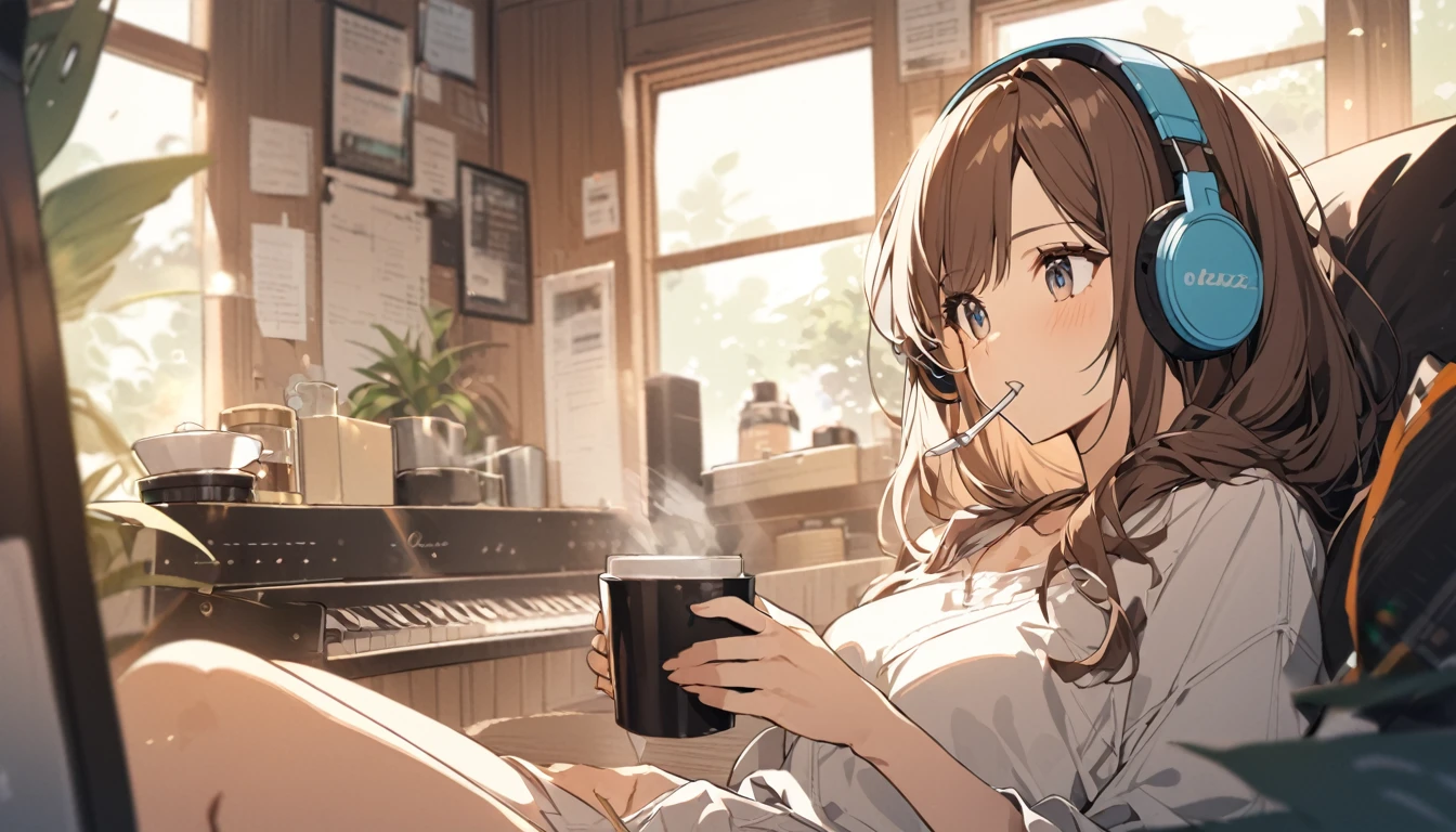 Girl wearing headphones,Drinking coffee while listening to jazz music ...