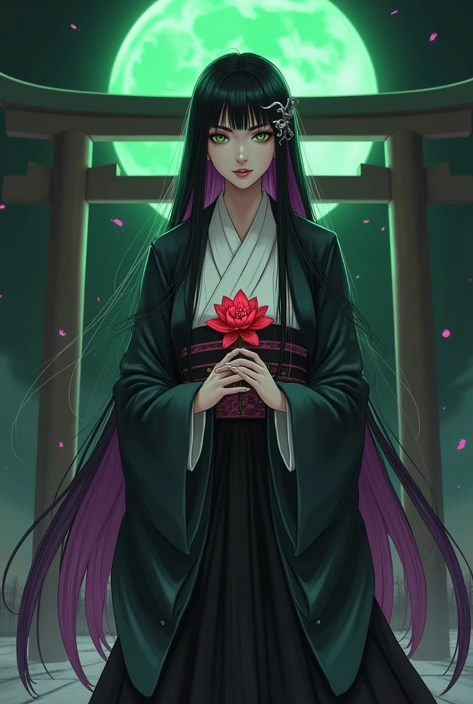 Long, straight, black hair with a purple gradation from the ends ...