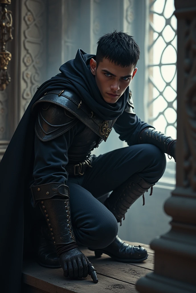 A young medieval assassin male, short cropped black hair, indigo eys ...