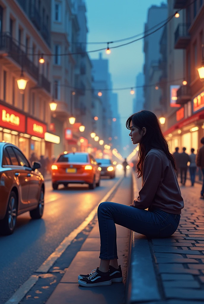 A busy road in the side of walk way a lady sitting alone, nyt view the ...