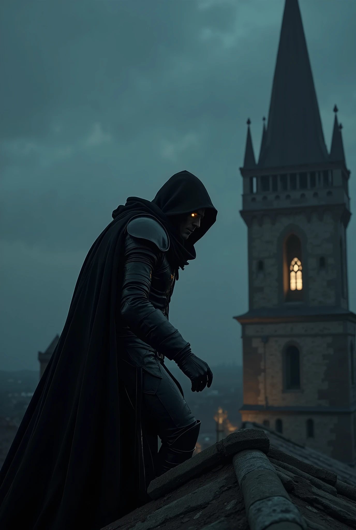 Batman standing on a roof with a clock tower in the background - SeaArt AI