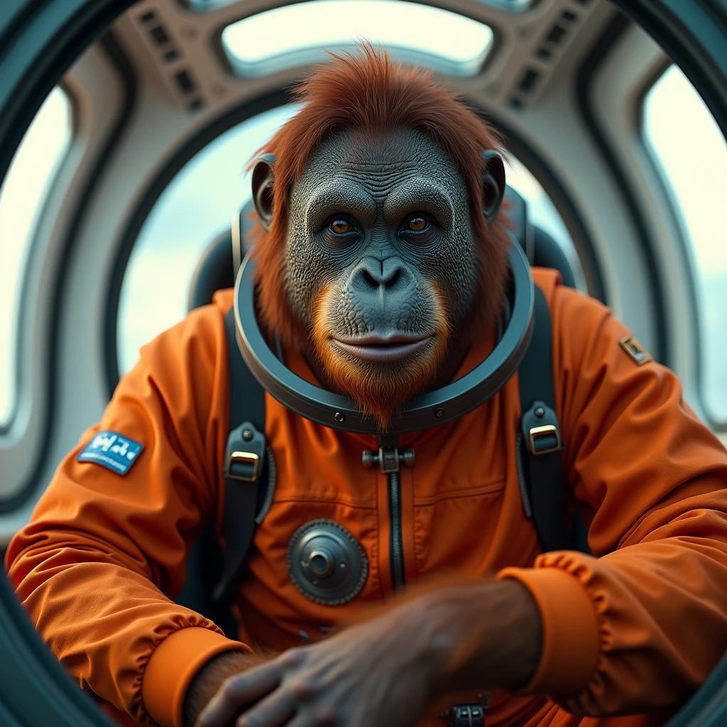 An Orangutan in a Spaceship, wearing an orange astronaut uniform ...
