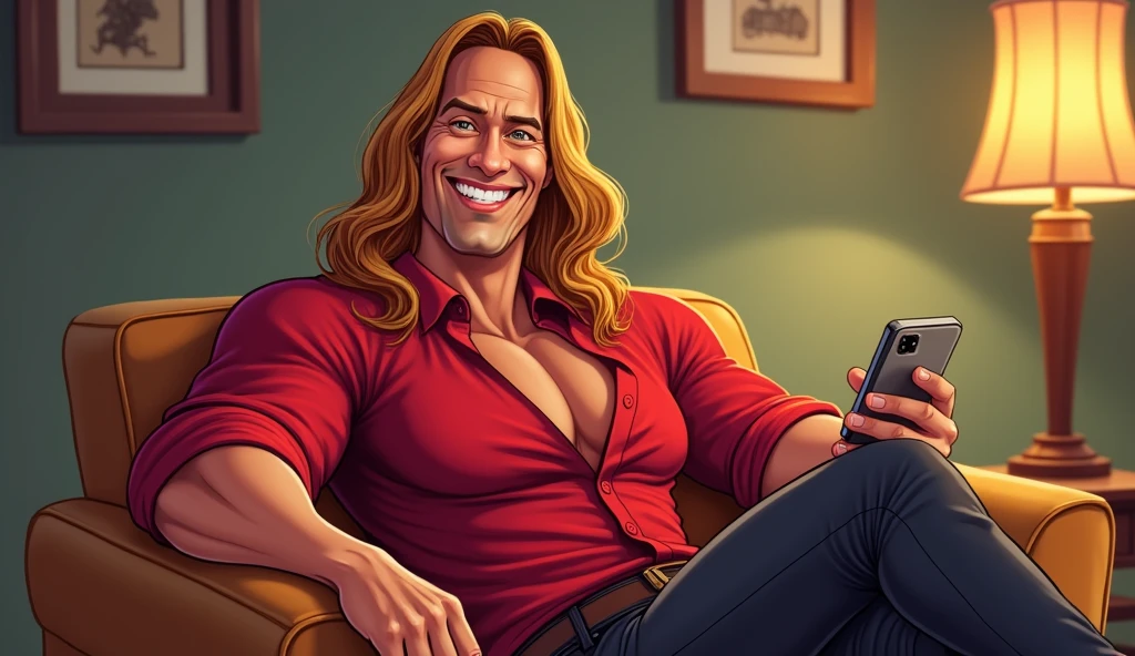 Create an image of Dwayne Johnson sitting on a sofa in a lounge - SeaArt AI