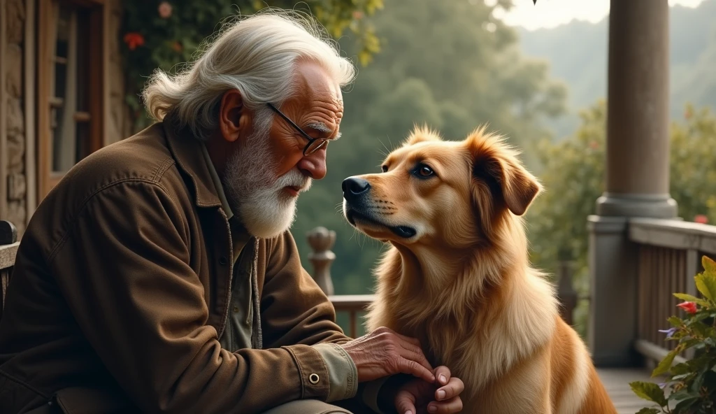 A dog and his old master , master love his dog very much, dog also love ...