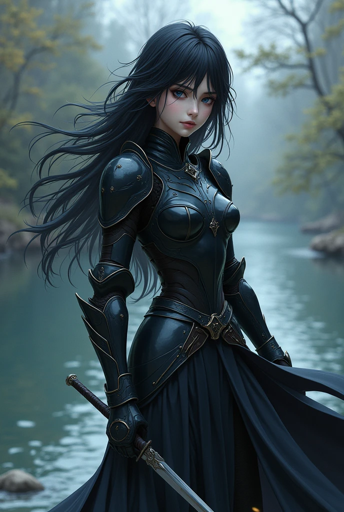 Pale Young handsome women in around 28 wearing onyx armour with raven ...