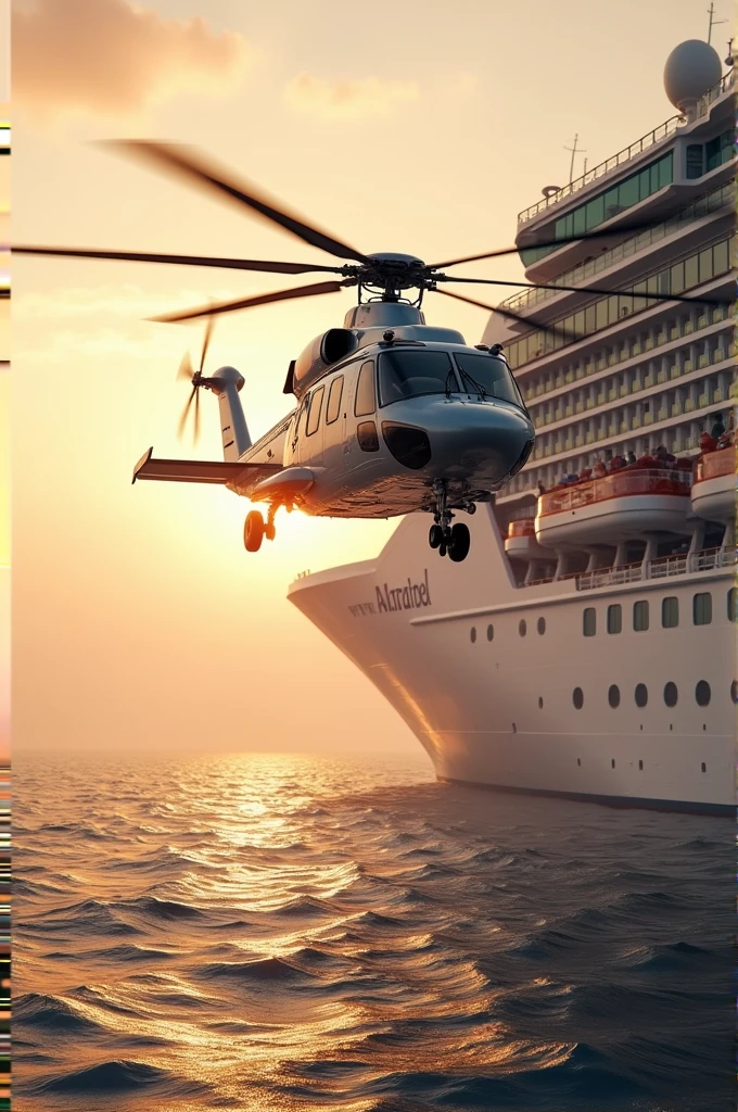 Landing chopper on cruise ship in sea at evening - SeaArt AI