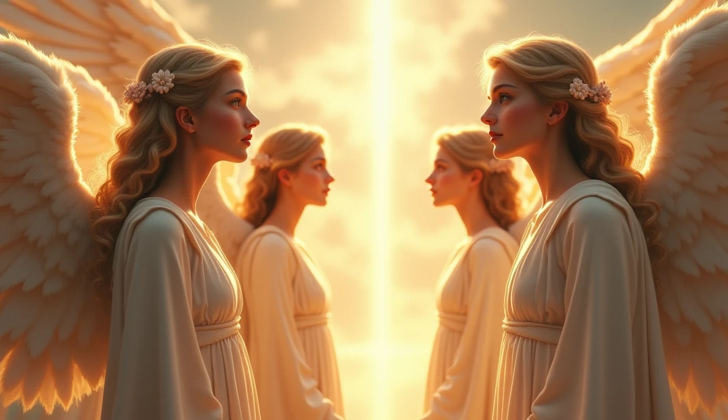 Show the angels with expressions of curiosity and reverence as they ...