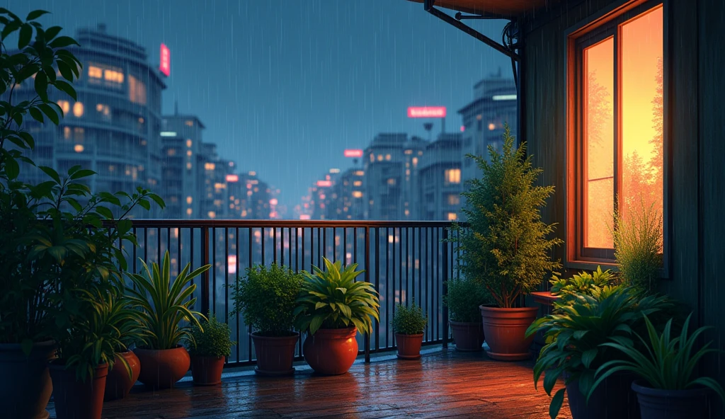 A cozy balcony at night in a rainy urban environment, with warm light ...