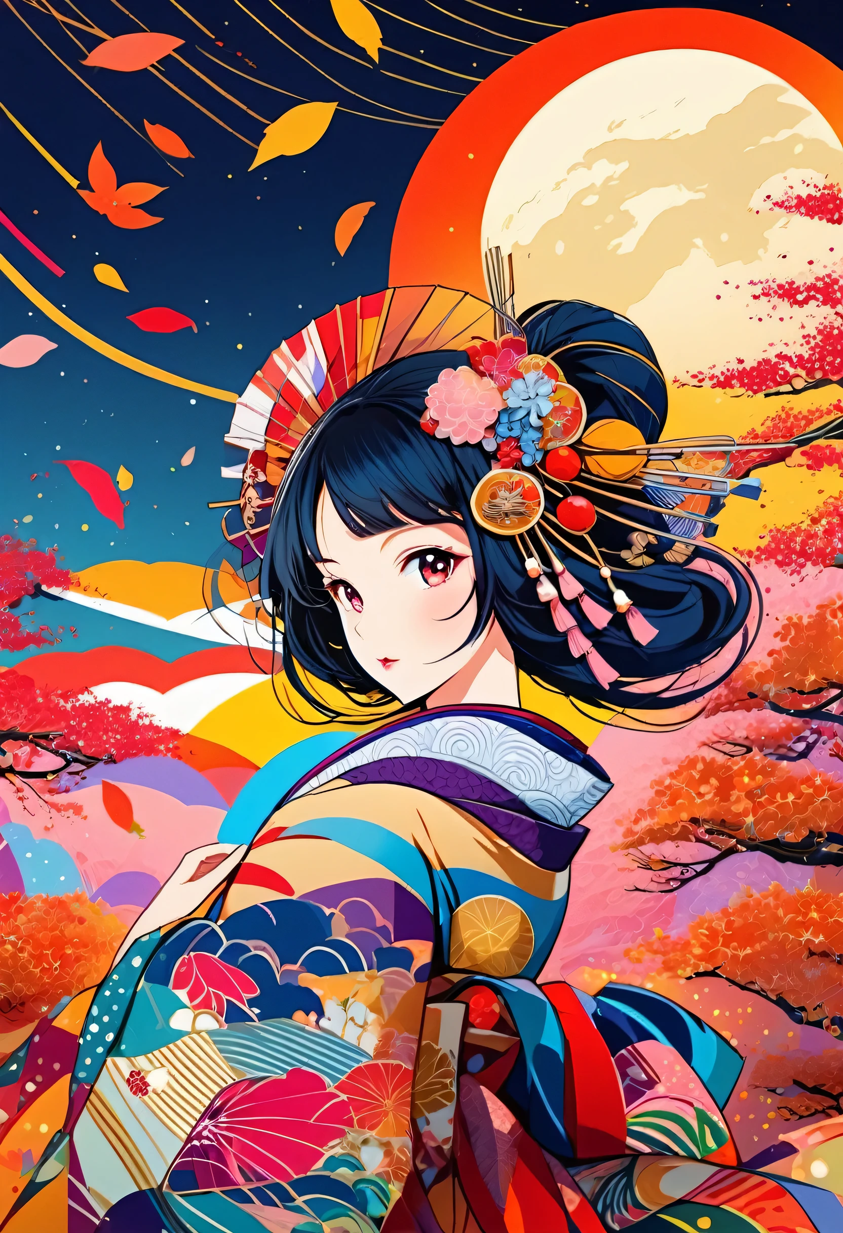 A woman in a kimono kimono with a full moon in the background - SeaArt AI